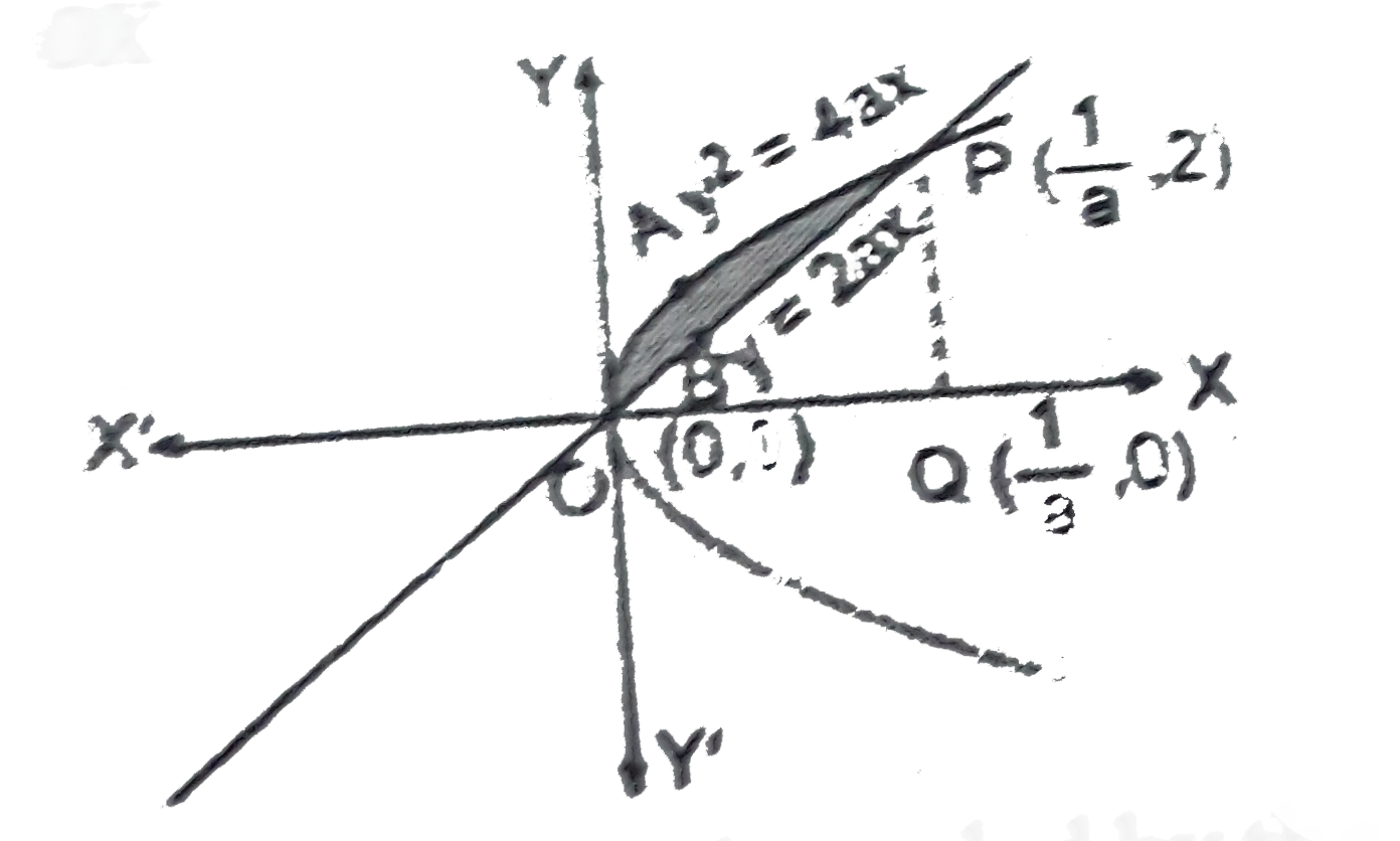Find the area bounded by the parabola `y^2 = 4ax` and the line `y = 2ax ...
