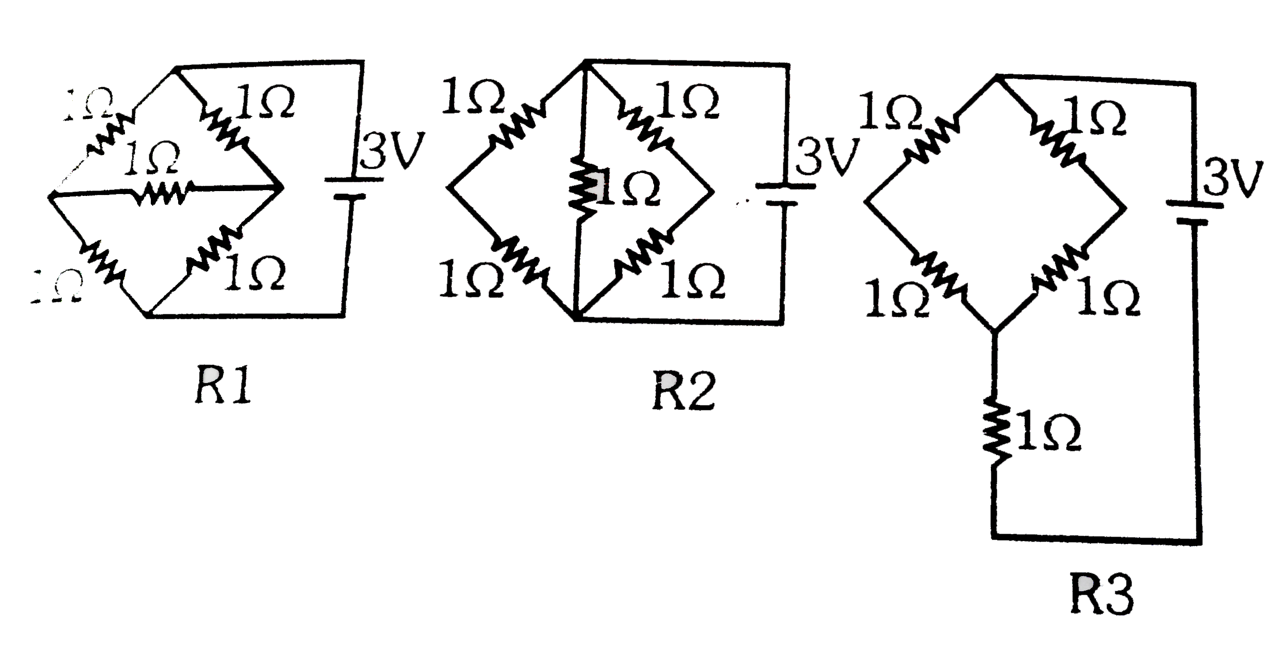 Figure shows three resistor configurations R1,R2 and R3 connected to 3 ...