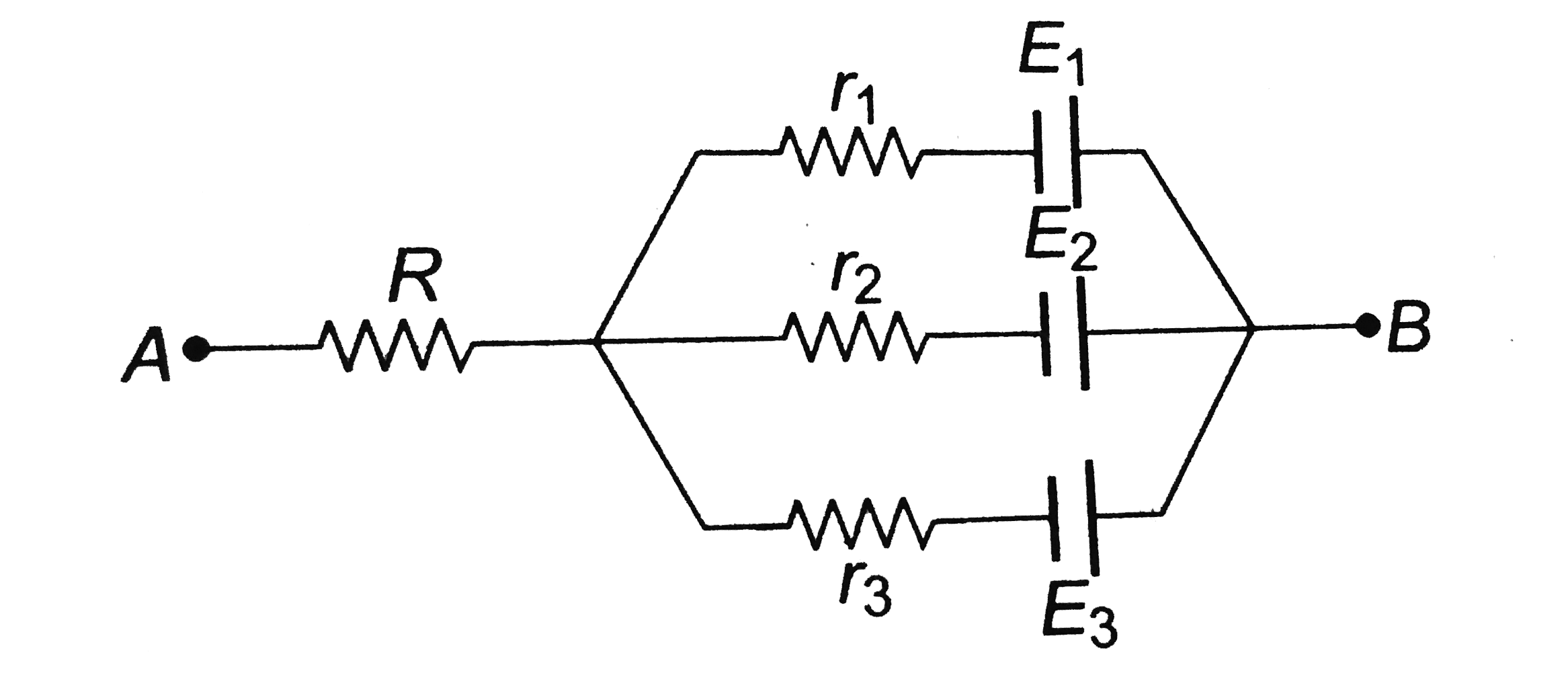 In the network shown the potential difference between `A` and `B` is ...